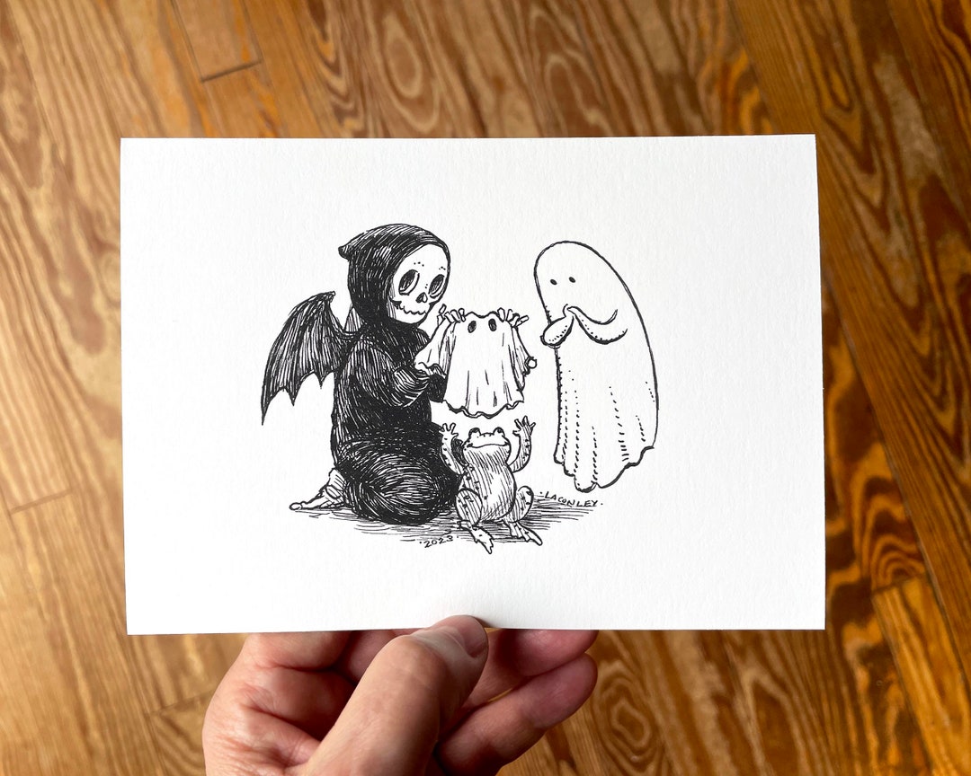 5x7 Spooky Art Print, Cute Grim Reaper and Ghost With Toad and ...