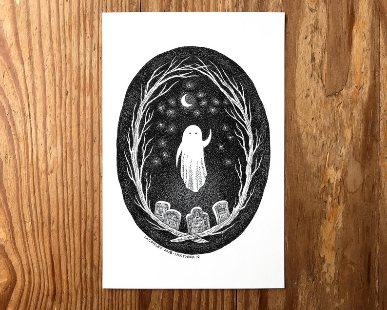 4x6 Spooky Art Print Pen and Ink Drawing of Cute Ghost in - Etsy