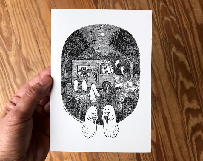5x7 Spooky Art Print, Pen and Ink Drawing, Cute Grim Reaper Ice Cream ...