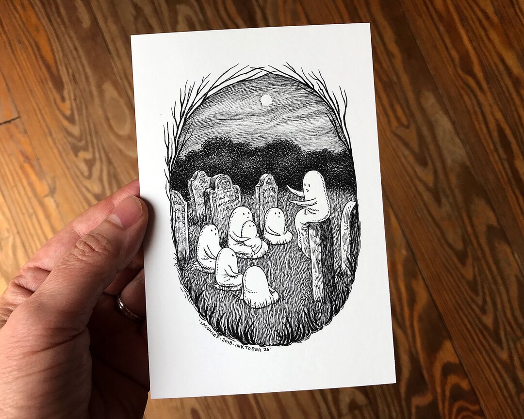 4x6 Spooky Art Print, Pen and Ink Drawing of Ghost Friends Telling ...