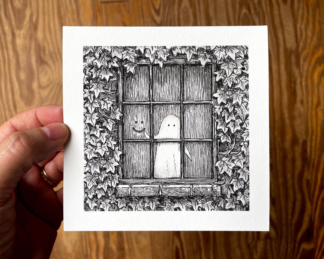 5x5 Fine Art Print, Cute Ghost Drawing Smile on Window of Haunted House ...