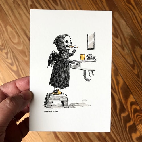 5x7 Spooky Art Print Pen and Ink Drawing of Cute Grim Reaper - Etsy