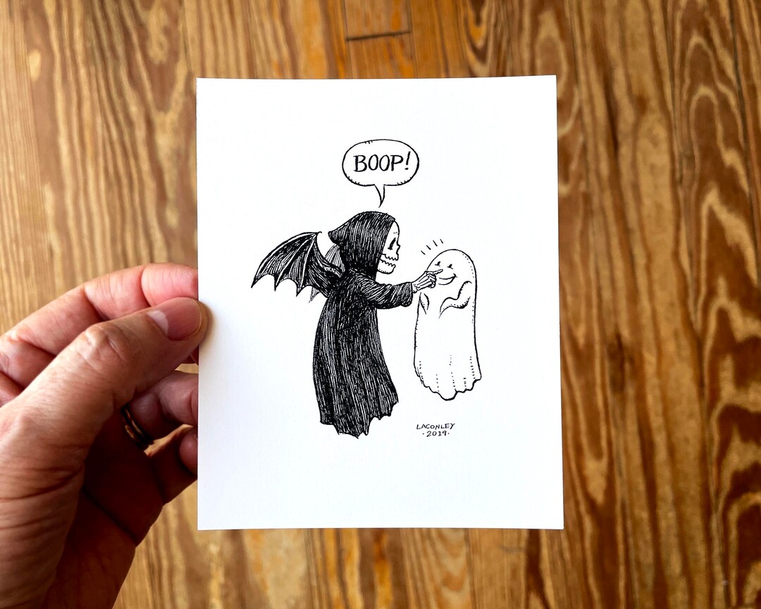 4x5 Spooky Art Print, Pen and Ink Drawing, Cute Grim Reaper and Ghost ...