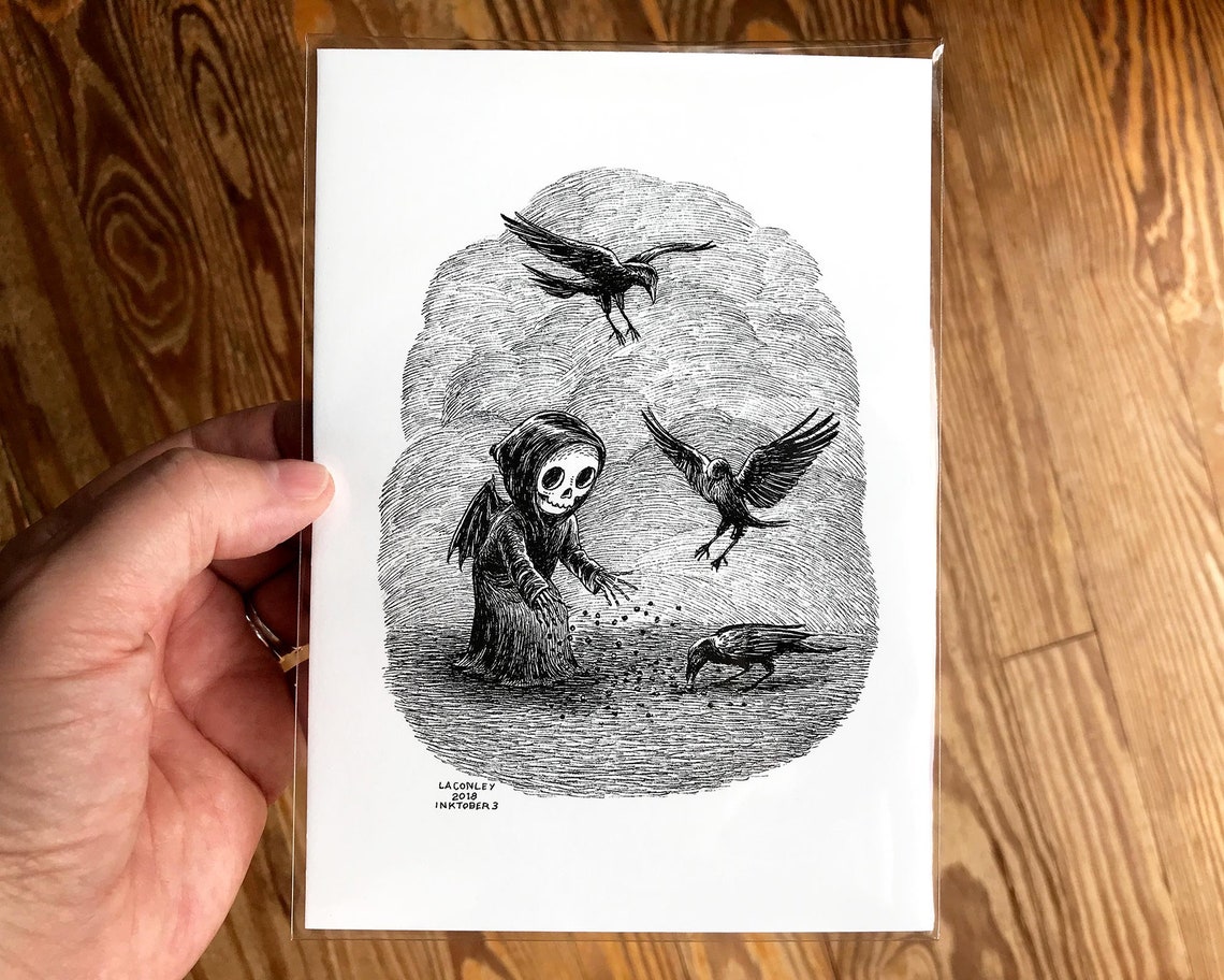 5x7 Spooky Art Print Pen and Ink Drawing of Cute Grim Reaper - Etsy