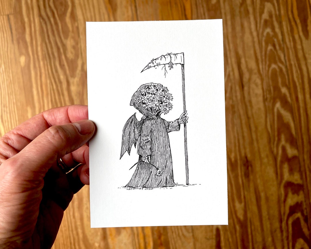 4x6 Spooky Art Print, Pen and Ink Art, Grim Reaper With Face Covered by ...