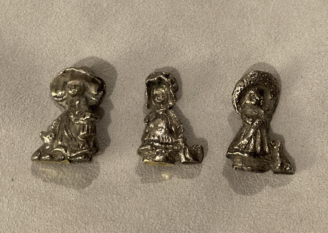 Set of 3 Vintage Pewter Miniature Figurines of Little Girls in Dresses ...