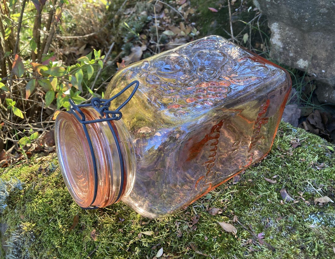 Vintage Pink Glass Slanted Jar / Canister W/ Wire Bail Lid "farm's ...