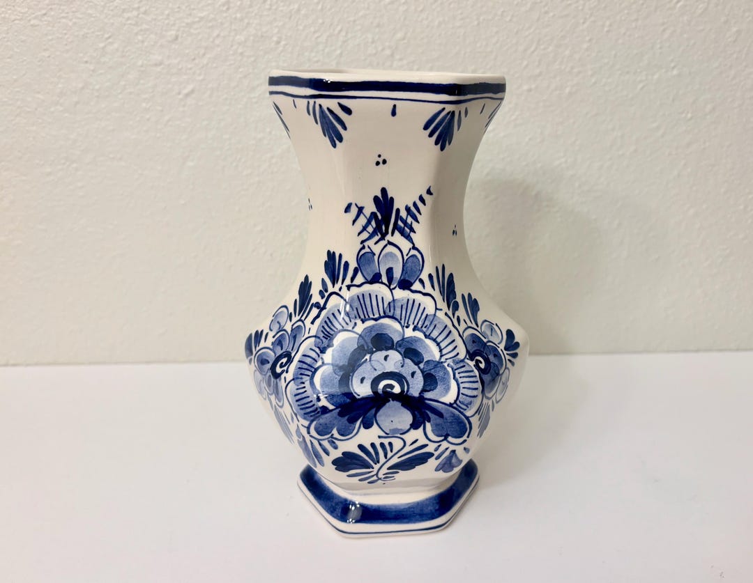 Vintage Delft Blue Ceramic 7" Signed Hand Painted Floral Vase, Made in ...