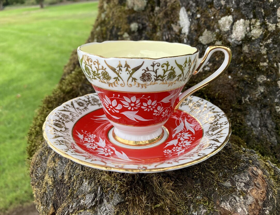 Vintage H&M Sutherland Hand Painted Red Bone China Teacup and Saucer W ...