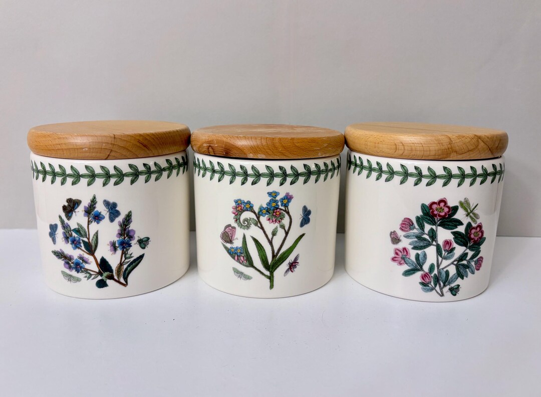 Vintage Portmeirion "botanic Garden" Ceramic Canisters W/ Wood Lids ...
