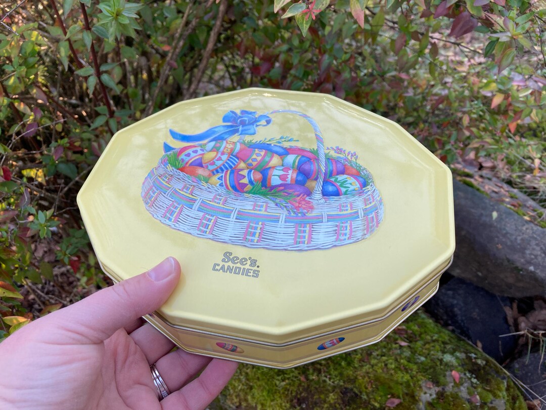 Vintage 2004 See's Candies Yellow Embossed Tin W/ Easter Basket and ...