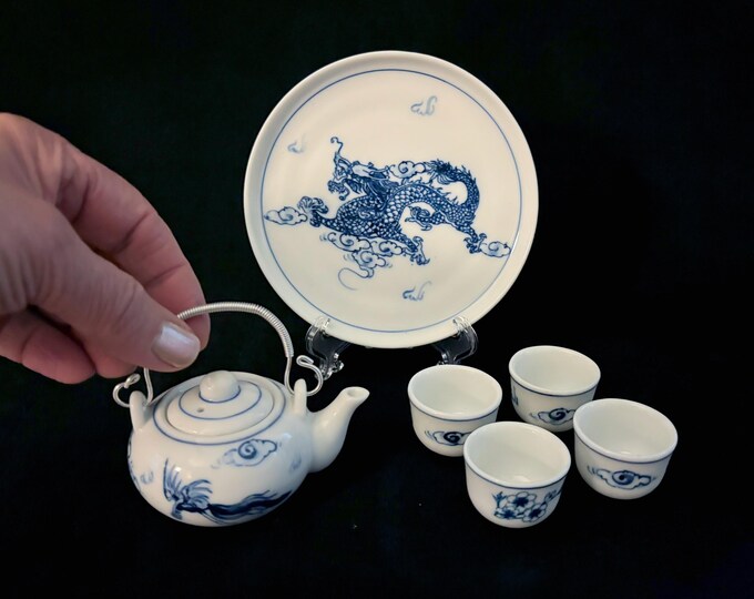 Vintage Bat Trang Miniature Asian 7-piece Ceramic & Metal Tea Set W ...
