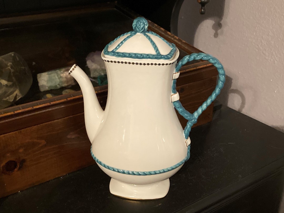 Unique Vintage White Ceramic Teapot W/ Teal Braided Rope / Yarn Details ...