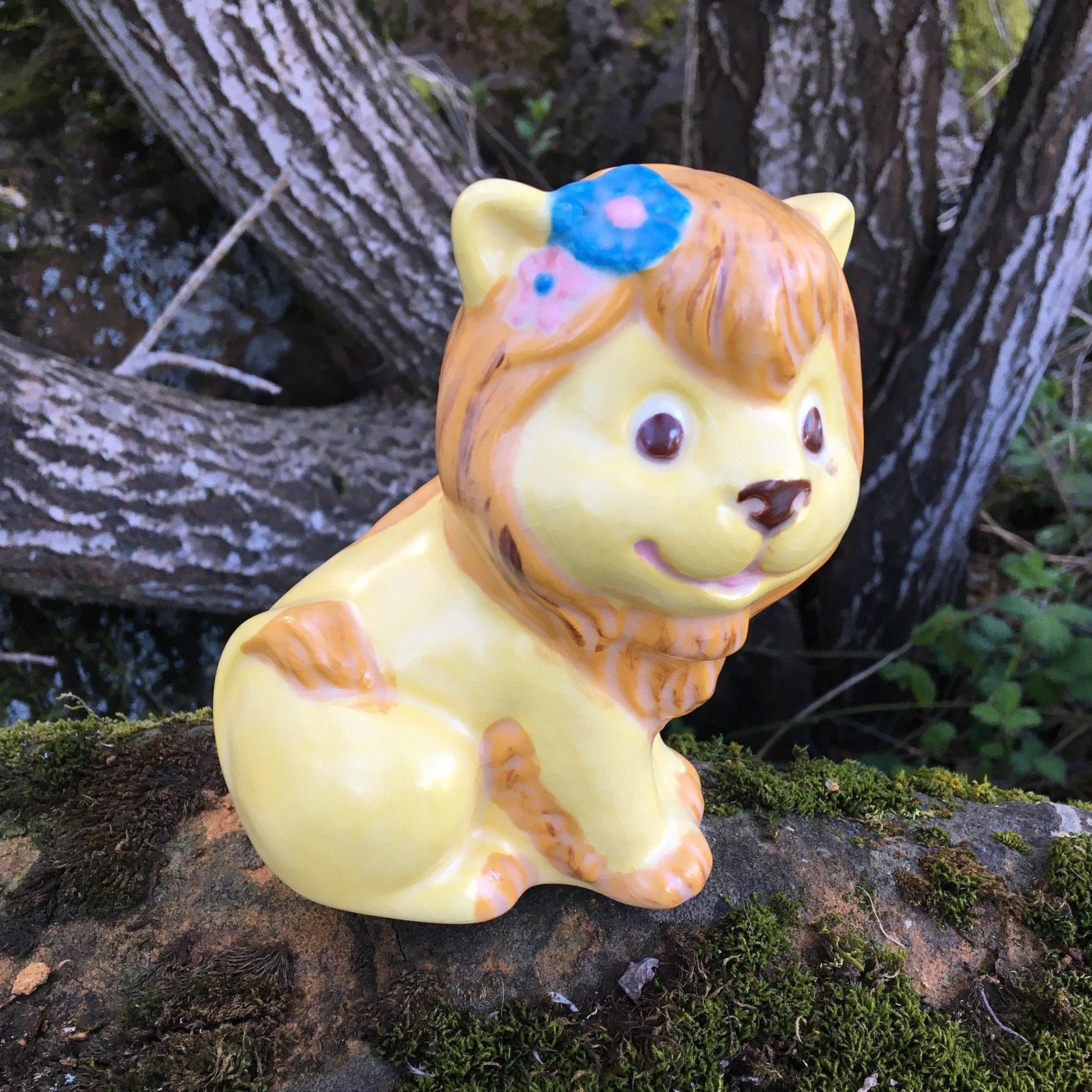 Vintage Lion Piggy Bank (yellow Ceramic W/ Flowers) 5" Tall - Etsy