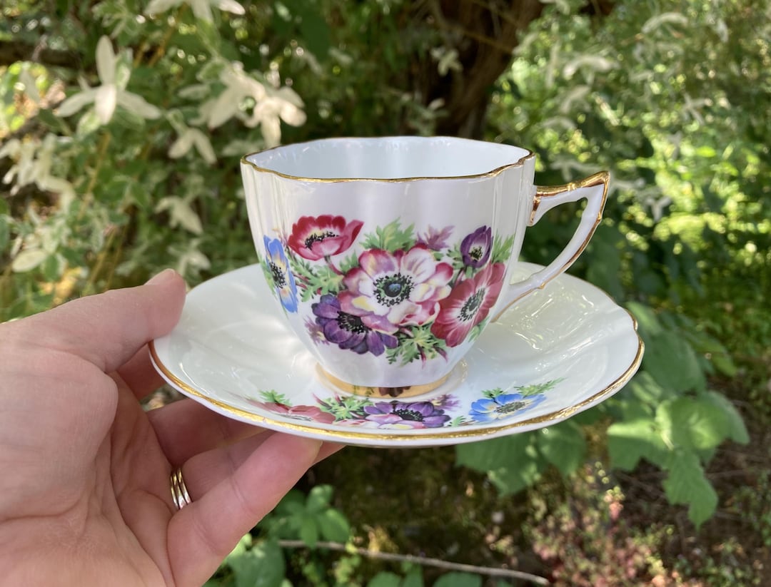 Vintage Royal Prince Bone China Fluted Teacup & Saucer W/ Pink, Blue ...