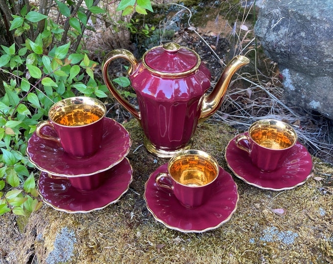 Vintage Wade Royal Victoria Burgundy & Gold Coffee / Tea Set W/ Teapot ...