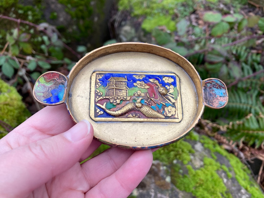 Vintage Chinese Brass & Enamel Ashtray W/ Coin Handles and Pagoda Scene ...