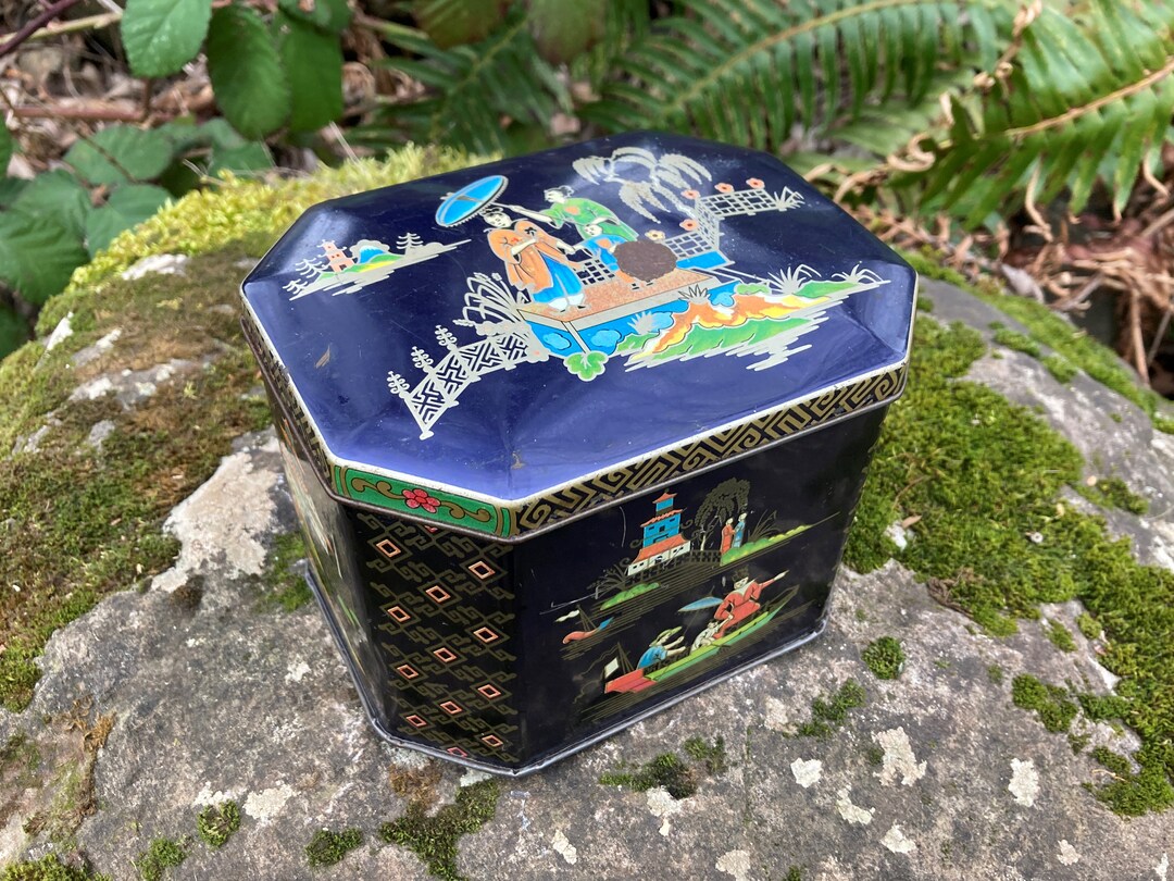 Vintage Daher Black & Gold Tea Tin Storage Box W/ Asian Scenes and ...