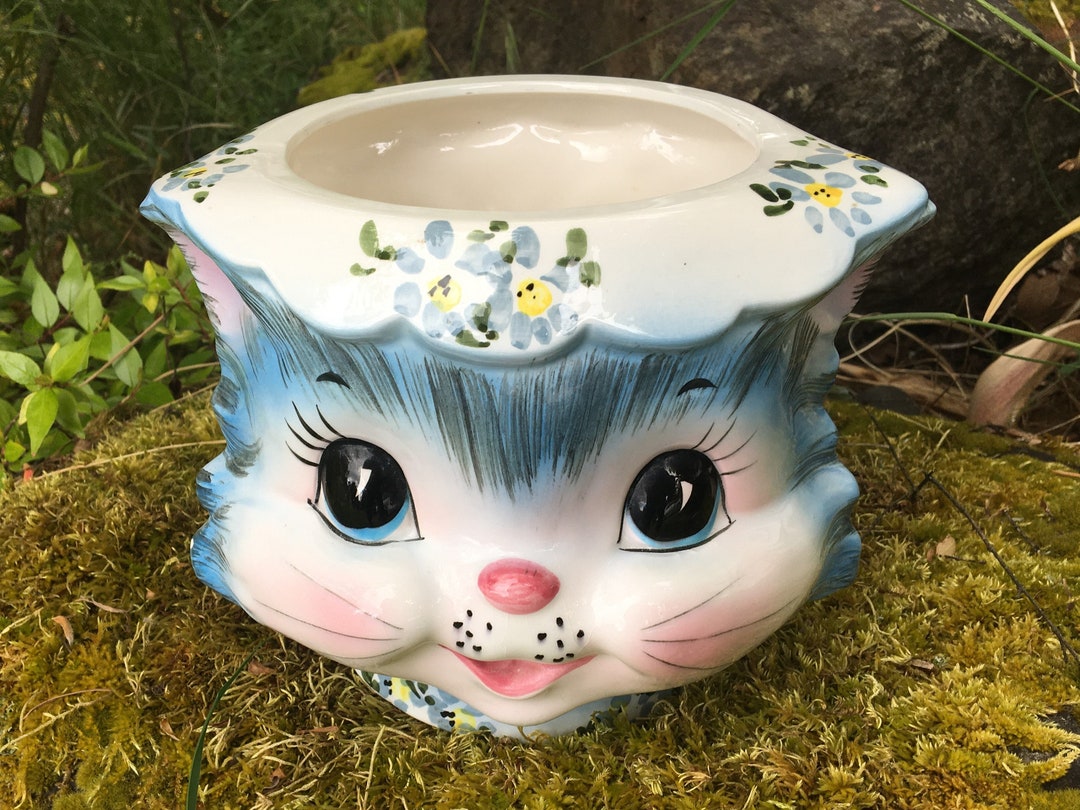 Vintage Lefton 1502 miss Priss Blue Cat Planter / Flower Pot kitsch ...