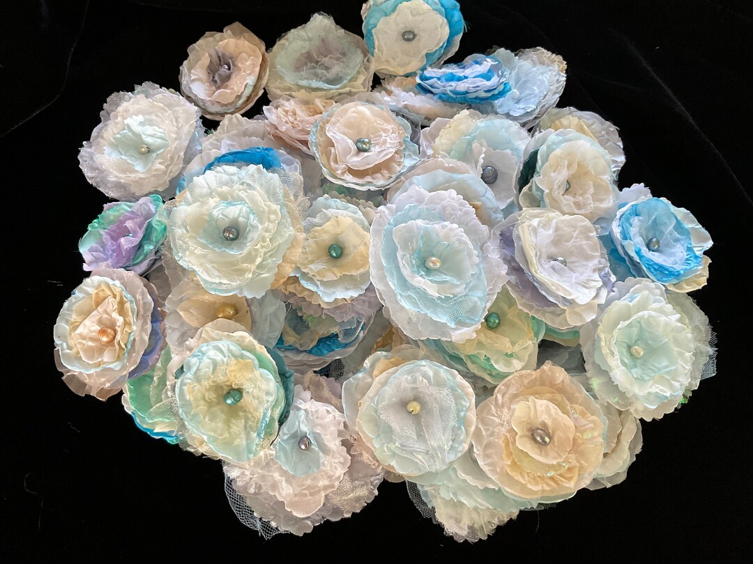 5 Fabric Flowers Blues Snippets Clusters for Junk Journals Crafting ...