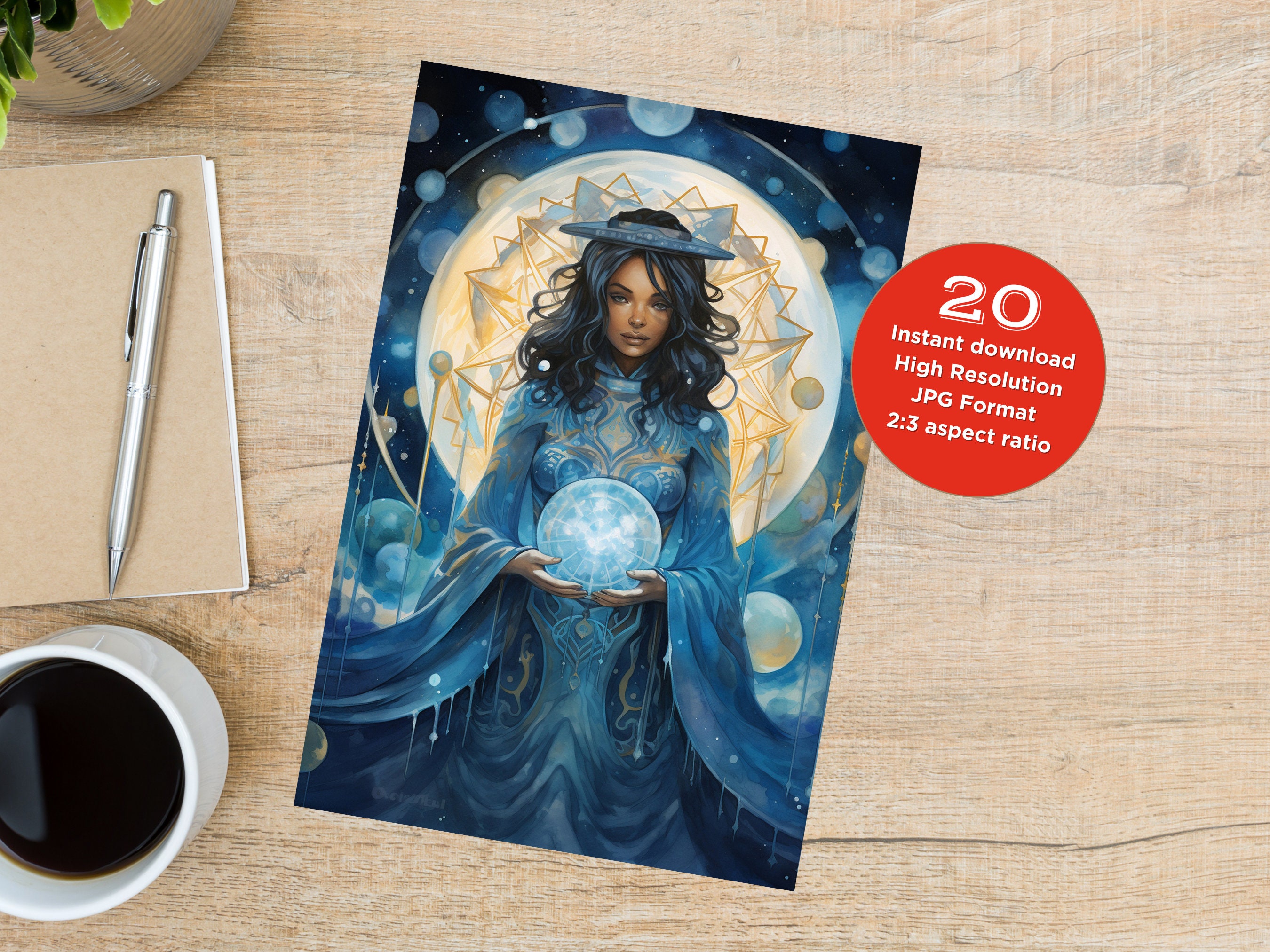 Ethereal High Priestess Art: Watercolor & Ink Mystical Images (digital ...