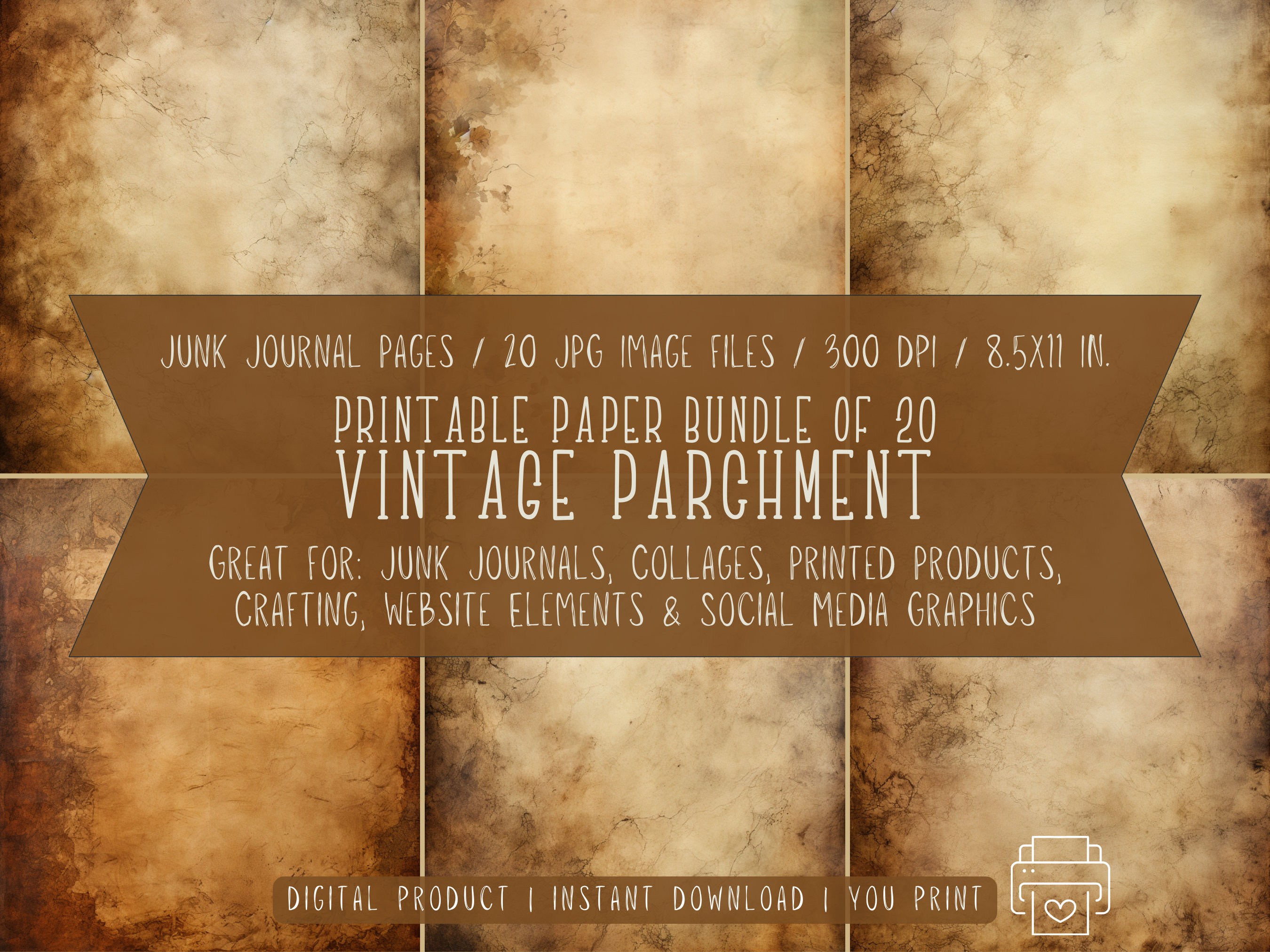 Vintage Parchment Junk Journal Pages - 20 Printable 8.5x11" Jpgs, 300 ...
