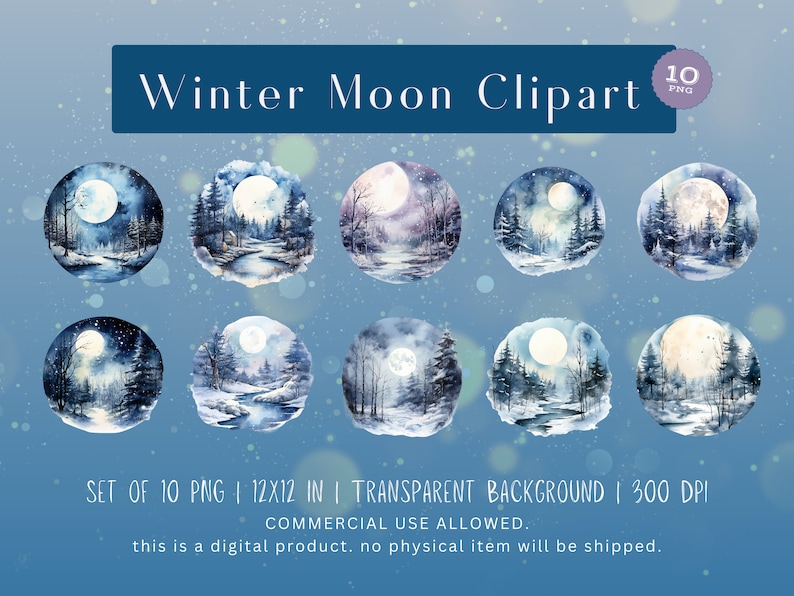 Watercolor Winter Moons Clipart - 10 PNG Files, 12x12 Inches, 300 DPI ...