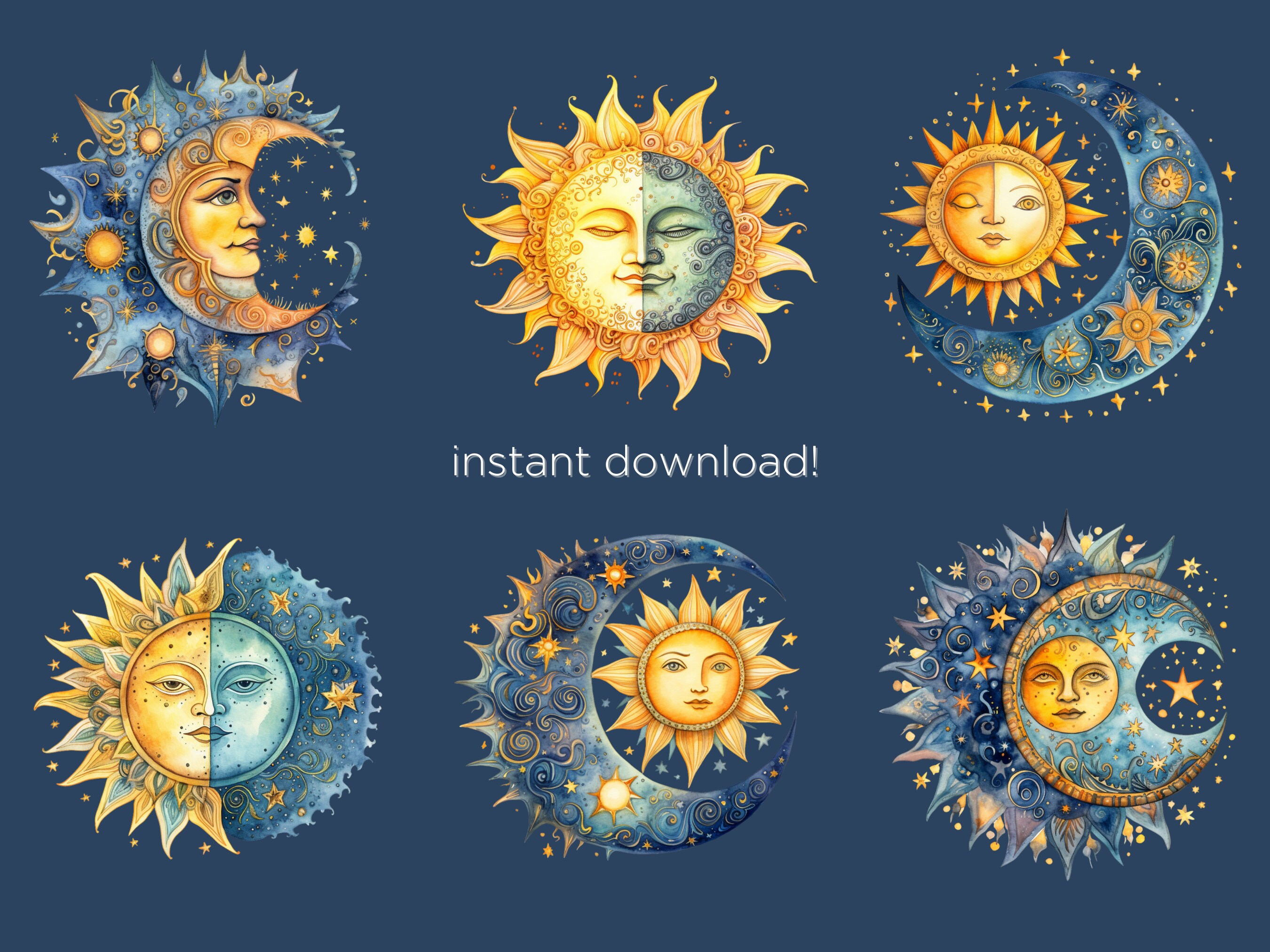 Sun & Moon Watercolor Clipart 20 PNG Files, 12x12 Inches, 300 DPI ...