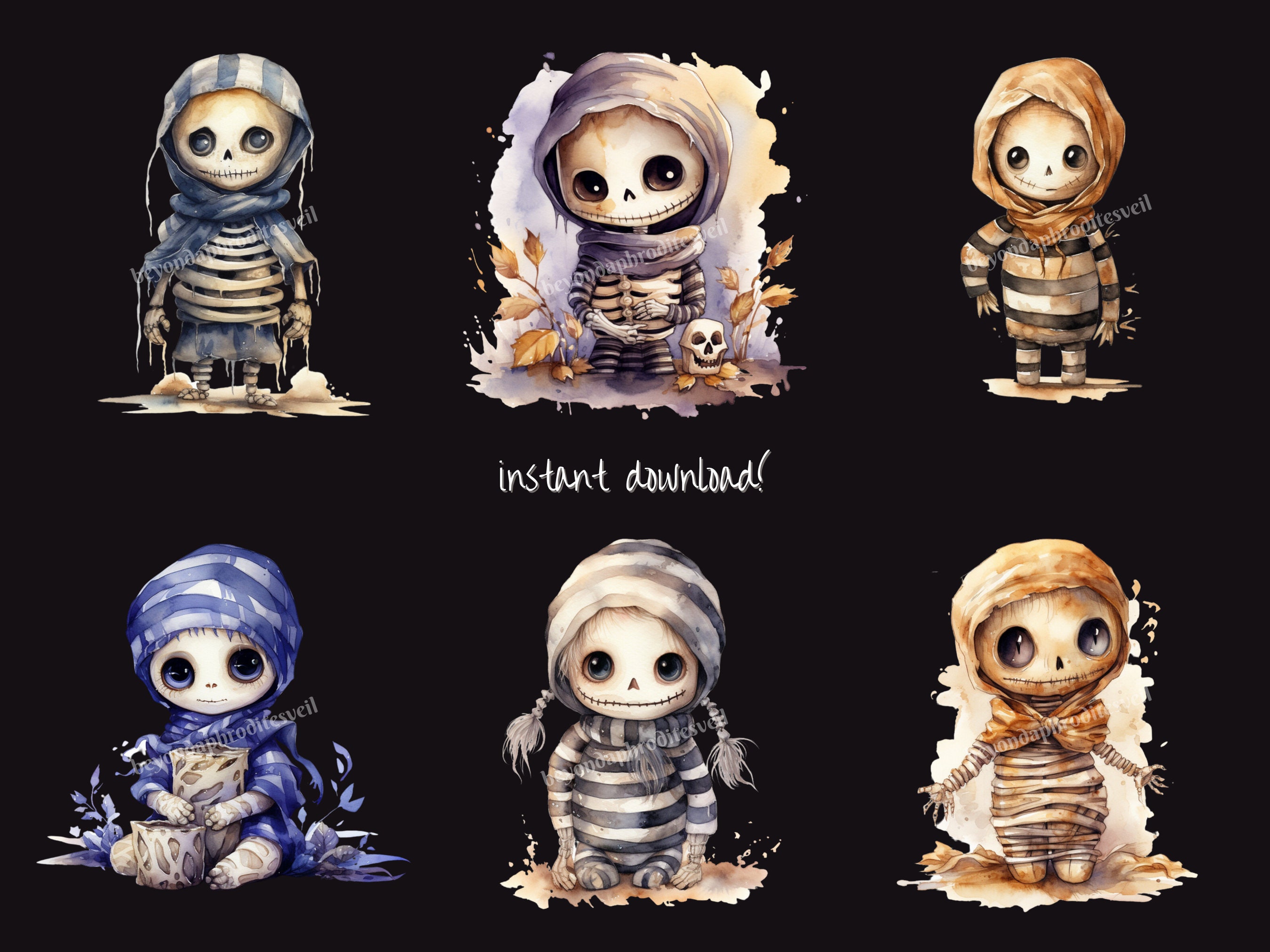 Skeleton Mummy Cuties Clipart Clipart Set - 20 PNG Files, Halloween ...
