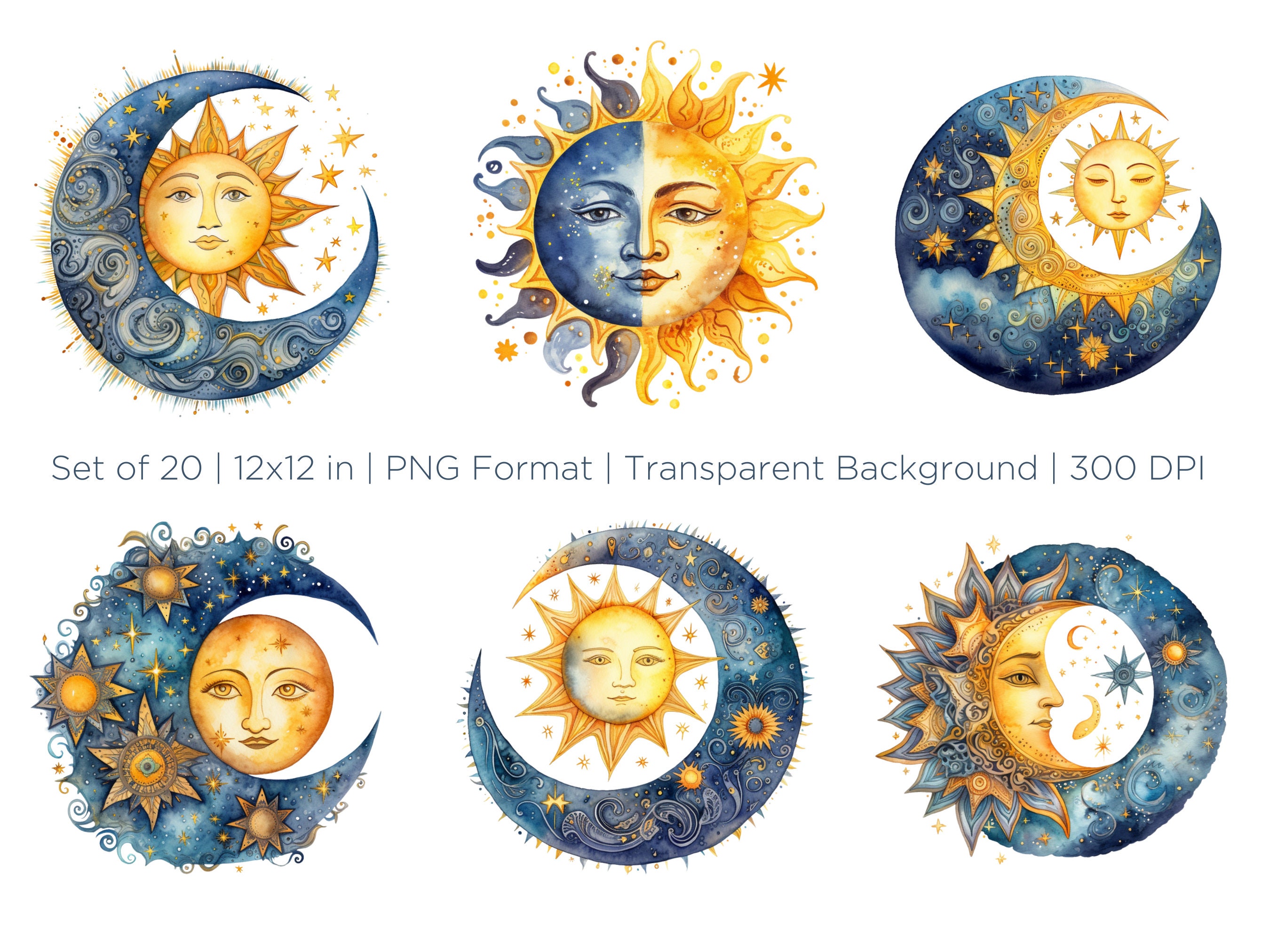 Sun & Moon Watercolor Clipart 20 PNG Files, 12x12 Inches, 300 DPI ...