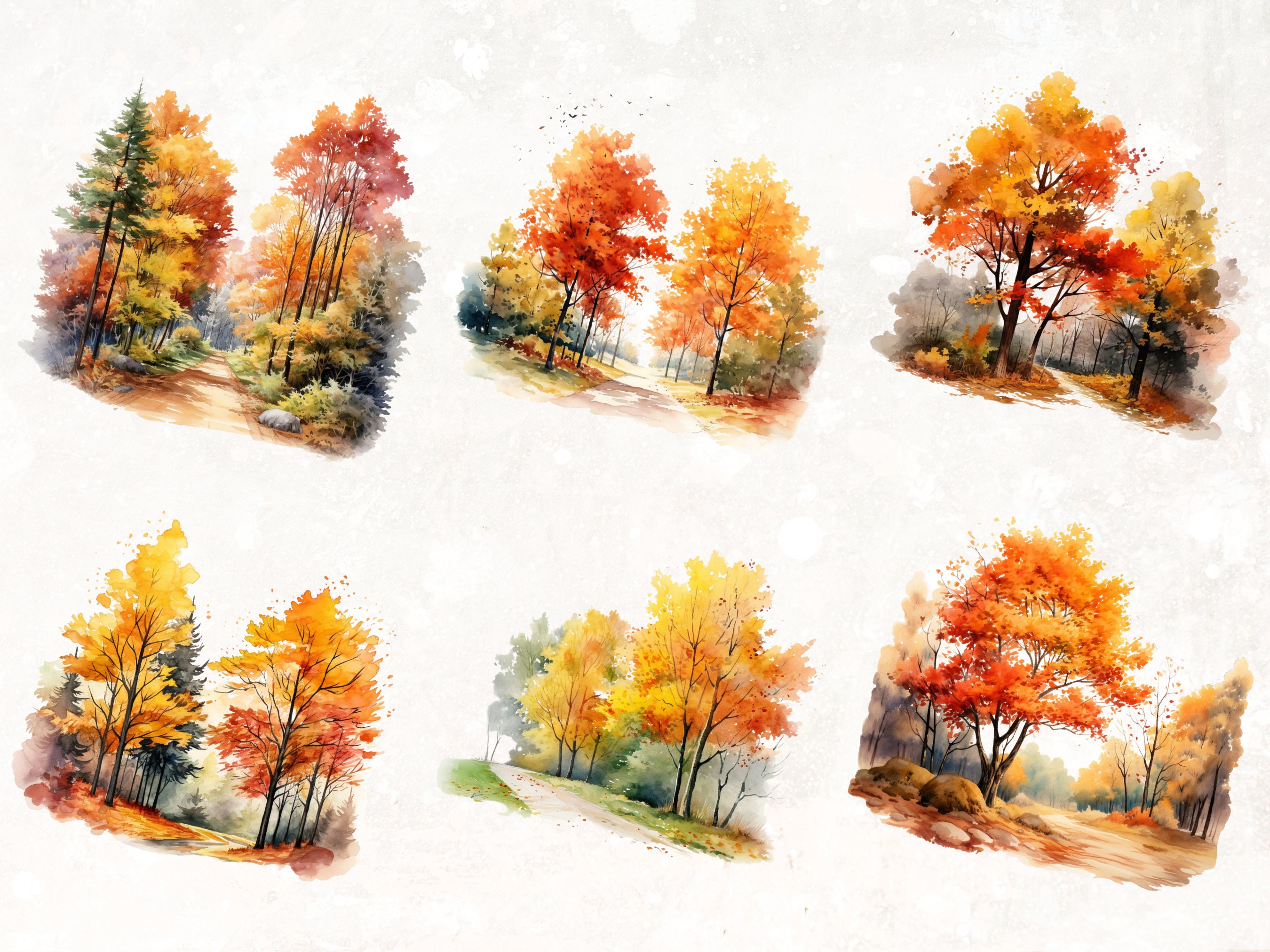 Autumn Trees Watercolor Clipart Set 20 PNG Files, 300 DPI Fall Foliage ...
