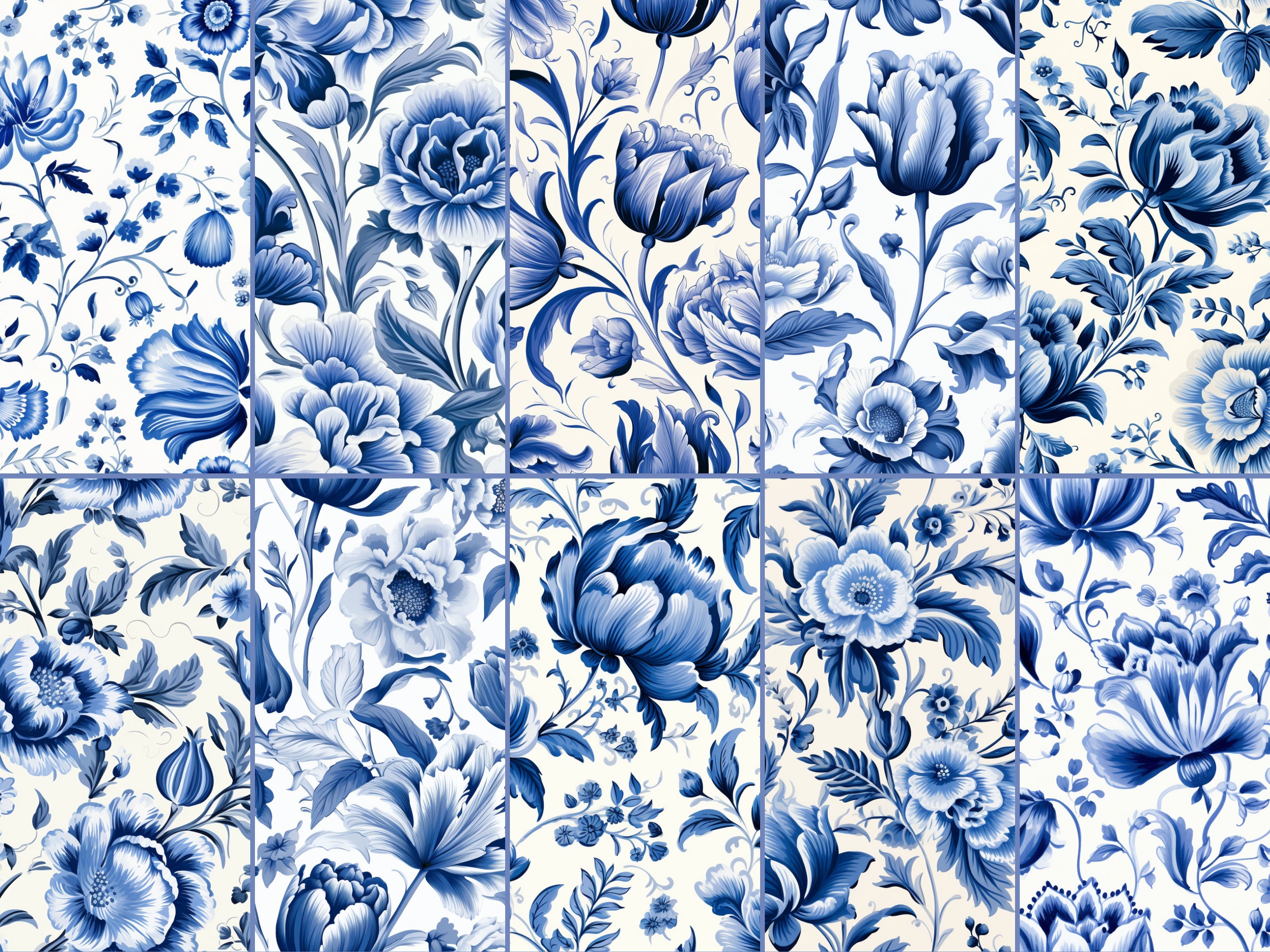 Floral Delft Blue Seamless Patterns - 20 Blue & White Jpgs, 12x12 ...