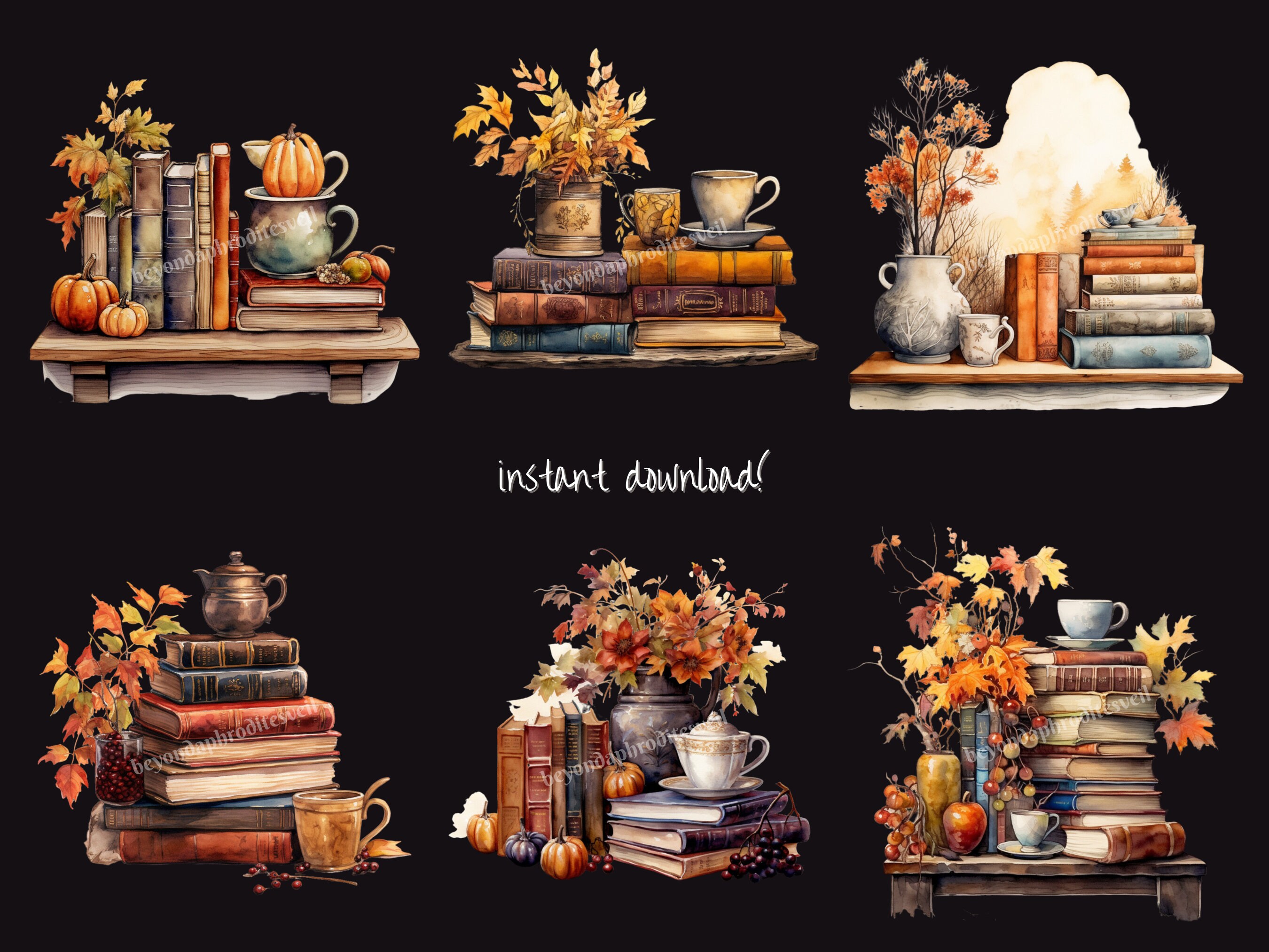 Autumn Vintage Book Stack Clipart Set 20 PNG Images, 12x12 Inches, 300 ...