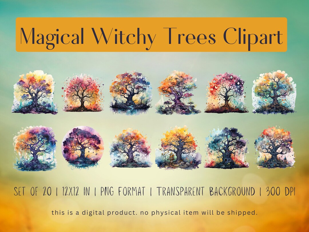 Magical Witchy Trees Clipart Set - 20 PNG Files, 12x12 Inches, 300 DPI ...