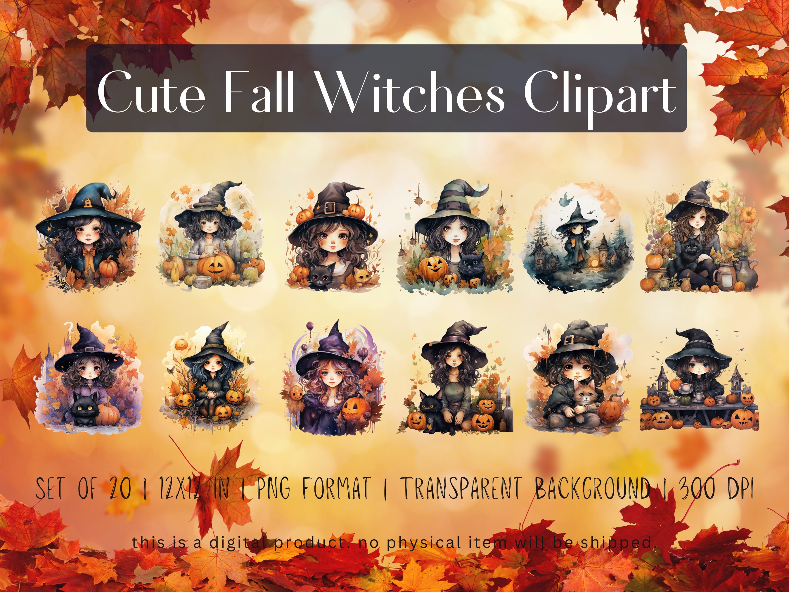 Cute Fall Witches Clipart 20 PNG Files, 12x12 Inches, 300 DPI Instant ...