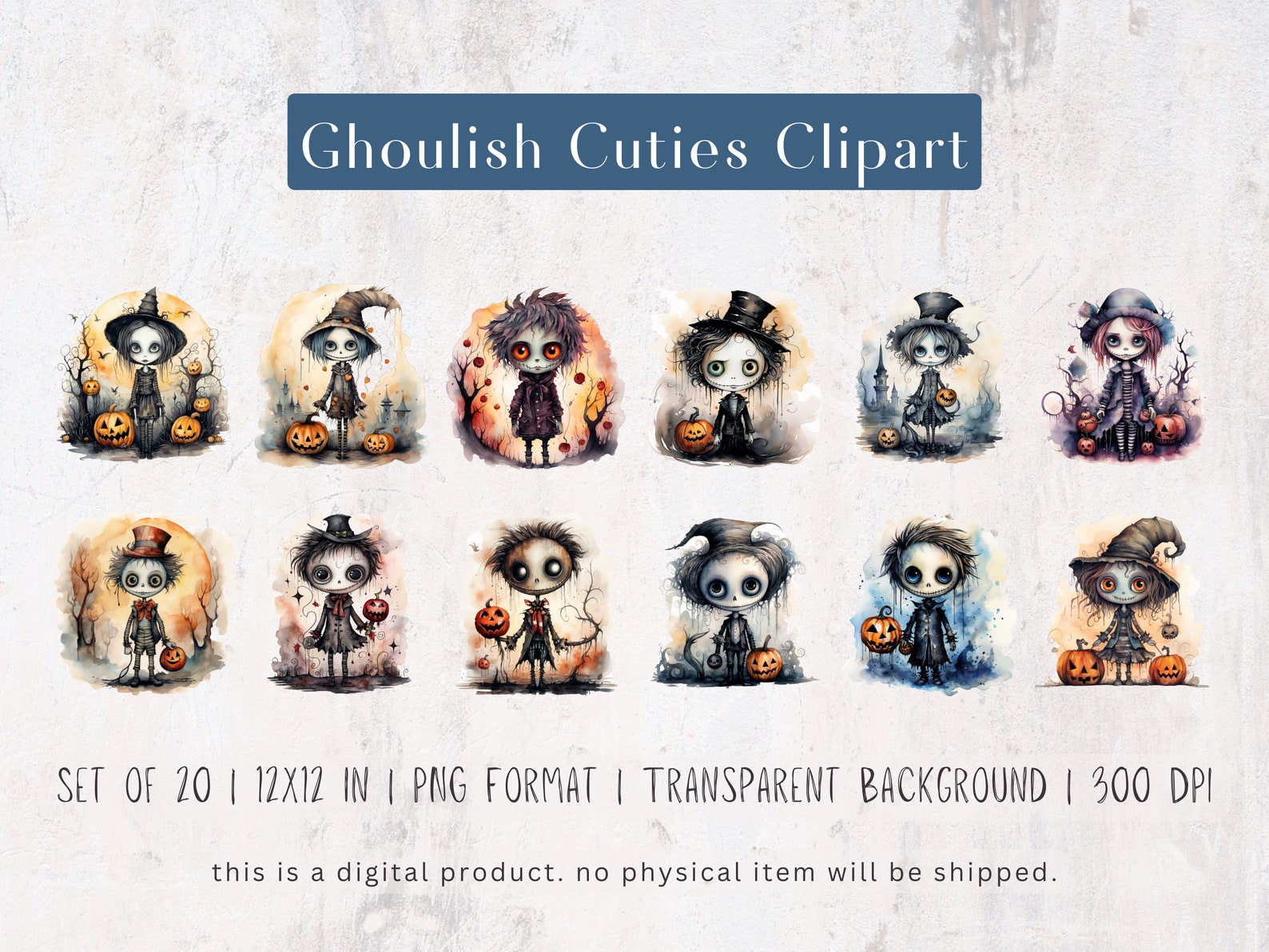 Ghoulish Cuties Clipart Set 20 PNG Files, Halloween Graphics, 300 DPI ...