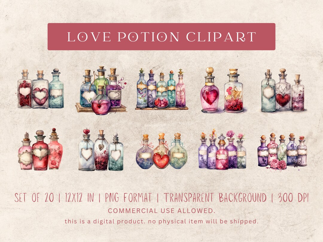 Watercolor Love Potion Bottles Clipart - 20 Enchanting PNG Files, 12x12 ...