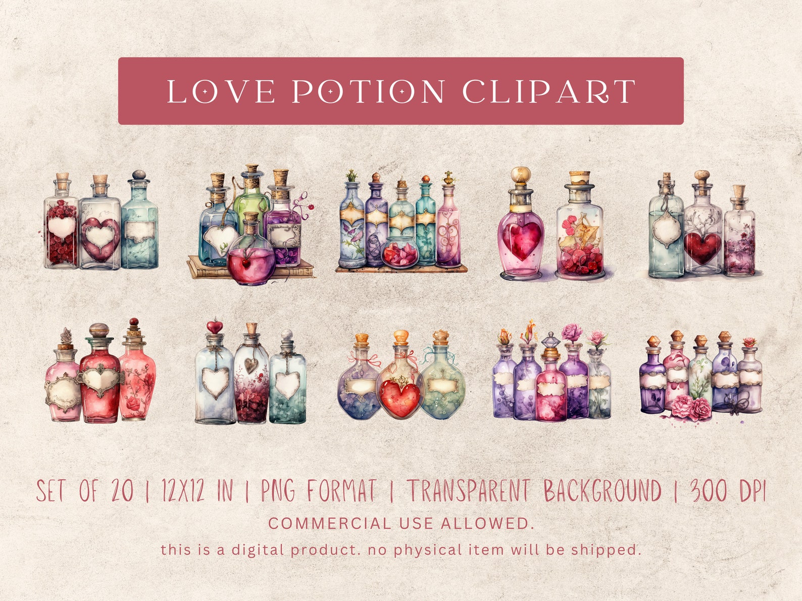 Watercolor Love Potion Bottles Clipart - 20 Enchanting PNG Files, 12x12 ...