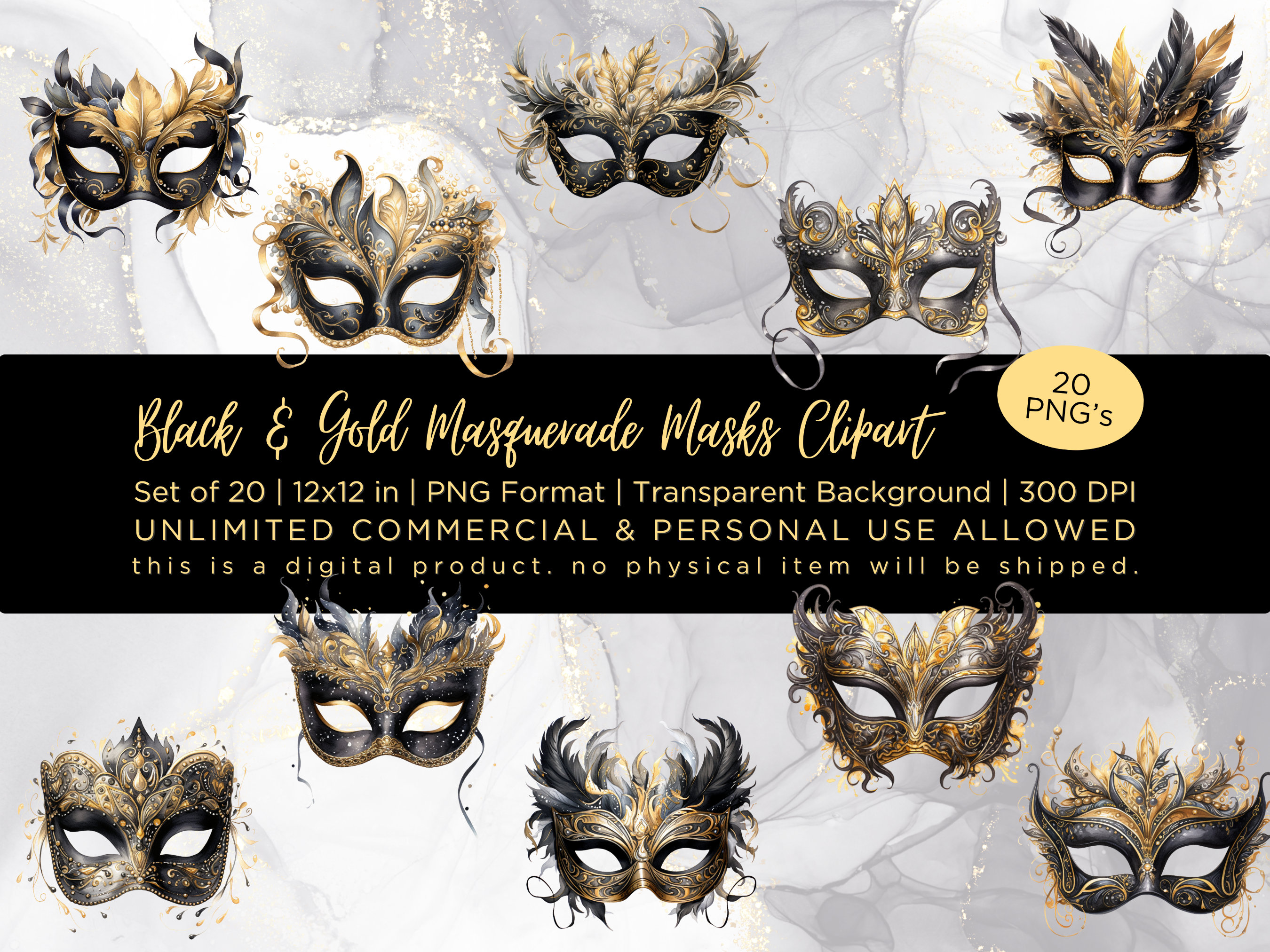 Black & Gold Masquerade Masks - Watercolor Clipart, 20 PNG Files ...