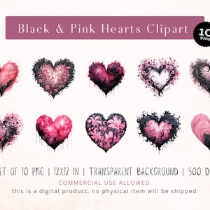 Watercolor Black & Pink Hearts Clipart - 10 PNG Files, 12x12 Inches ...