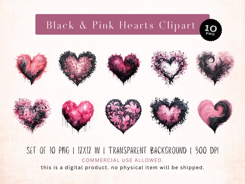 Watercolor Black & Pink Hearts Clipart - 10 PNG Files, 12x12 Inches ...