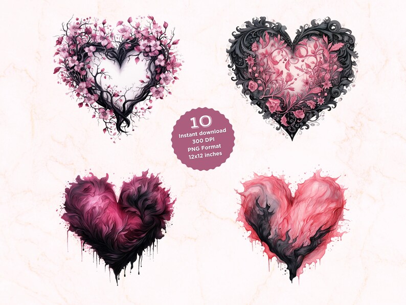 Watercolor Black & Pink Hearts Clipart - 10 PNG Files, 12x12 Inches ...