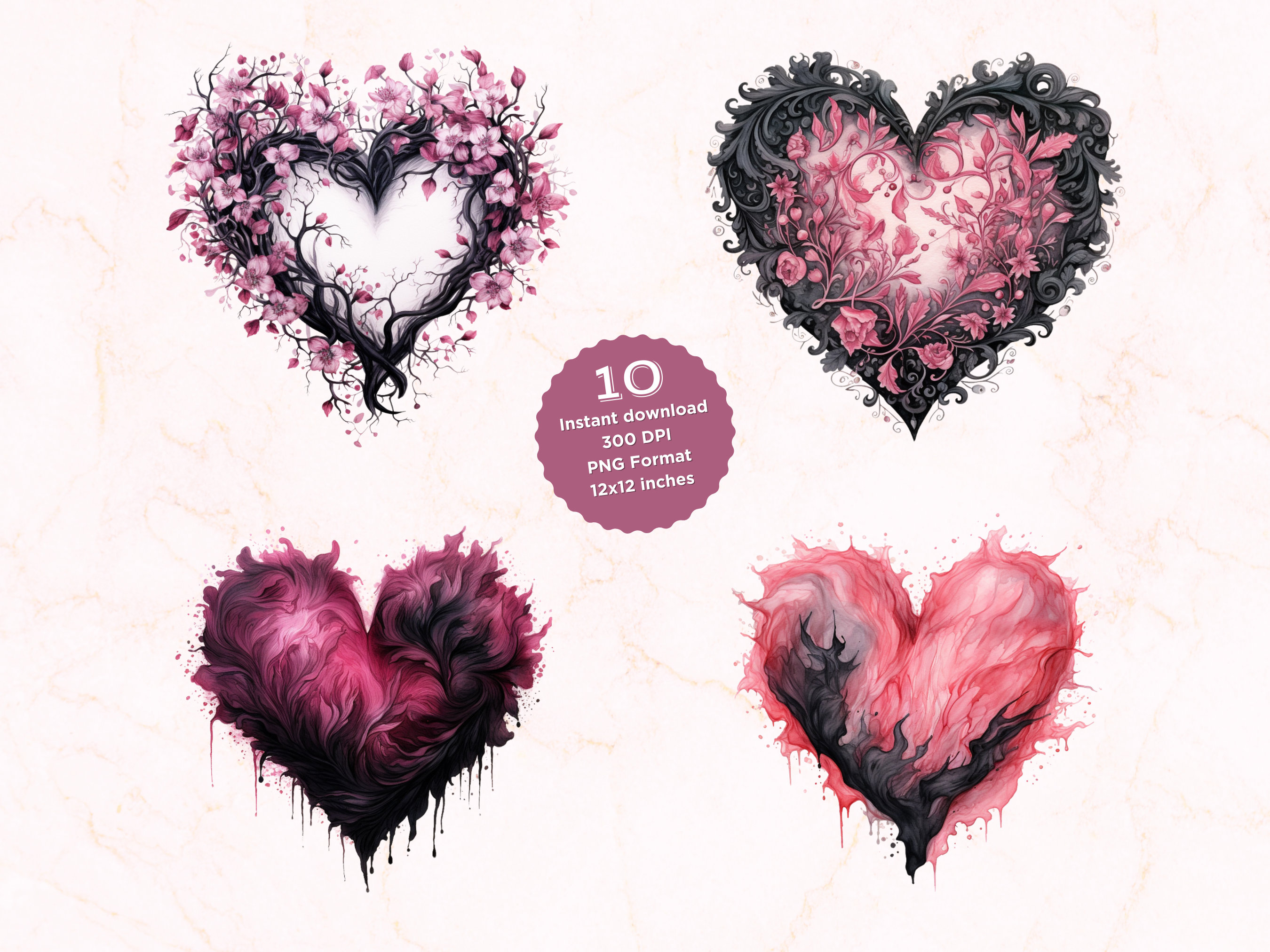 Watercolor Black & Pink Hearts Clipart 10 PNG Files, 12x12 Inches, 300 ...