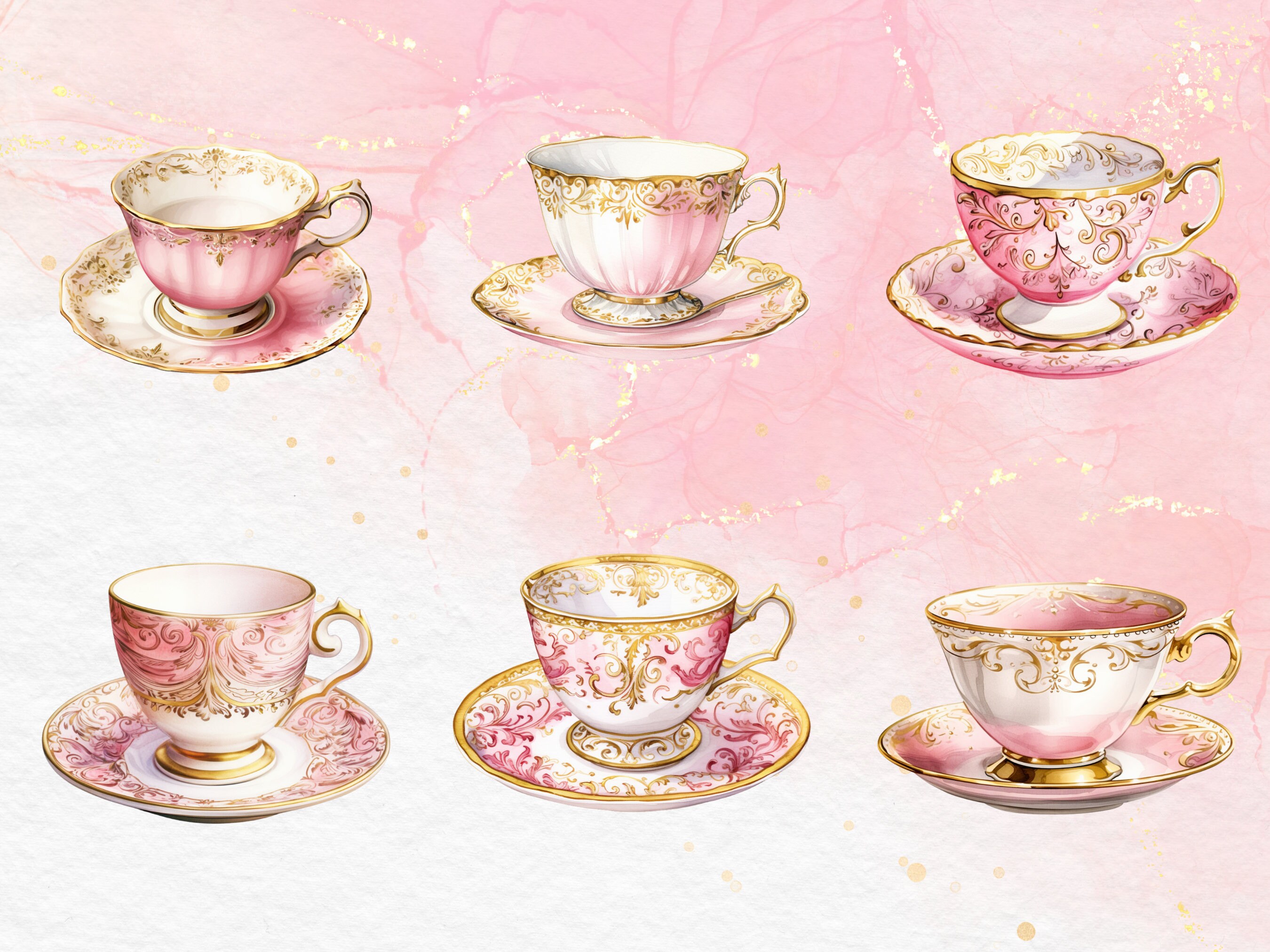 Watercolor Pink & Gold Teacups Clipart 20 PNG Files, 12x12, 300 DPI ...