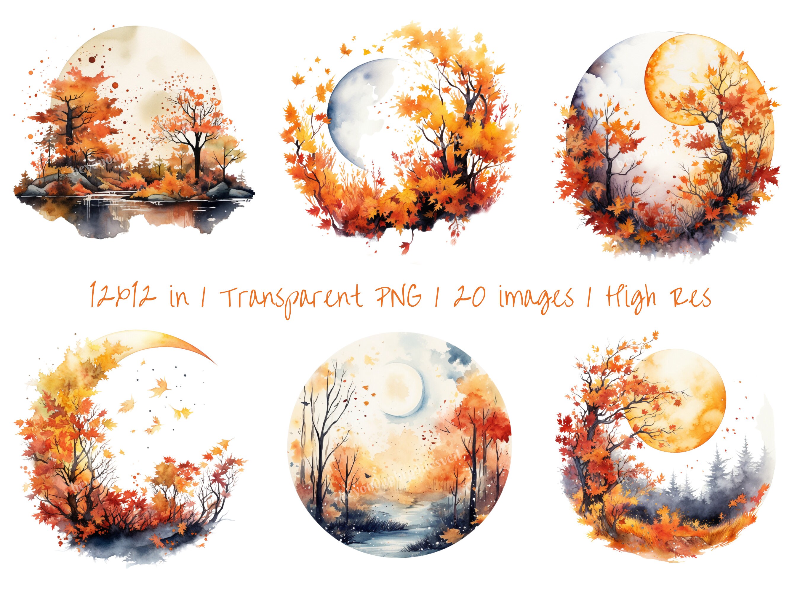 Witchy Fall Moon Clipart Set 20 PNG Files 12x12 Inches 300 - Etsy
