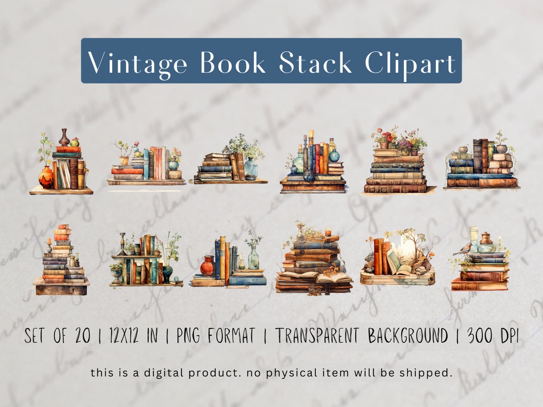 Vintage Book Stack Clipart Set - 20 Pngs, Transparent Background, 12x12 ...