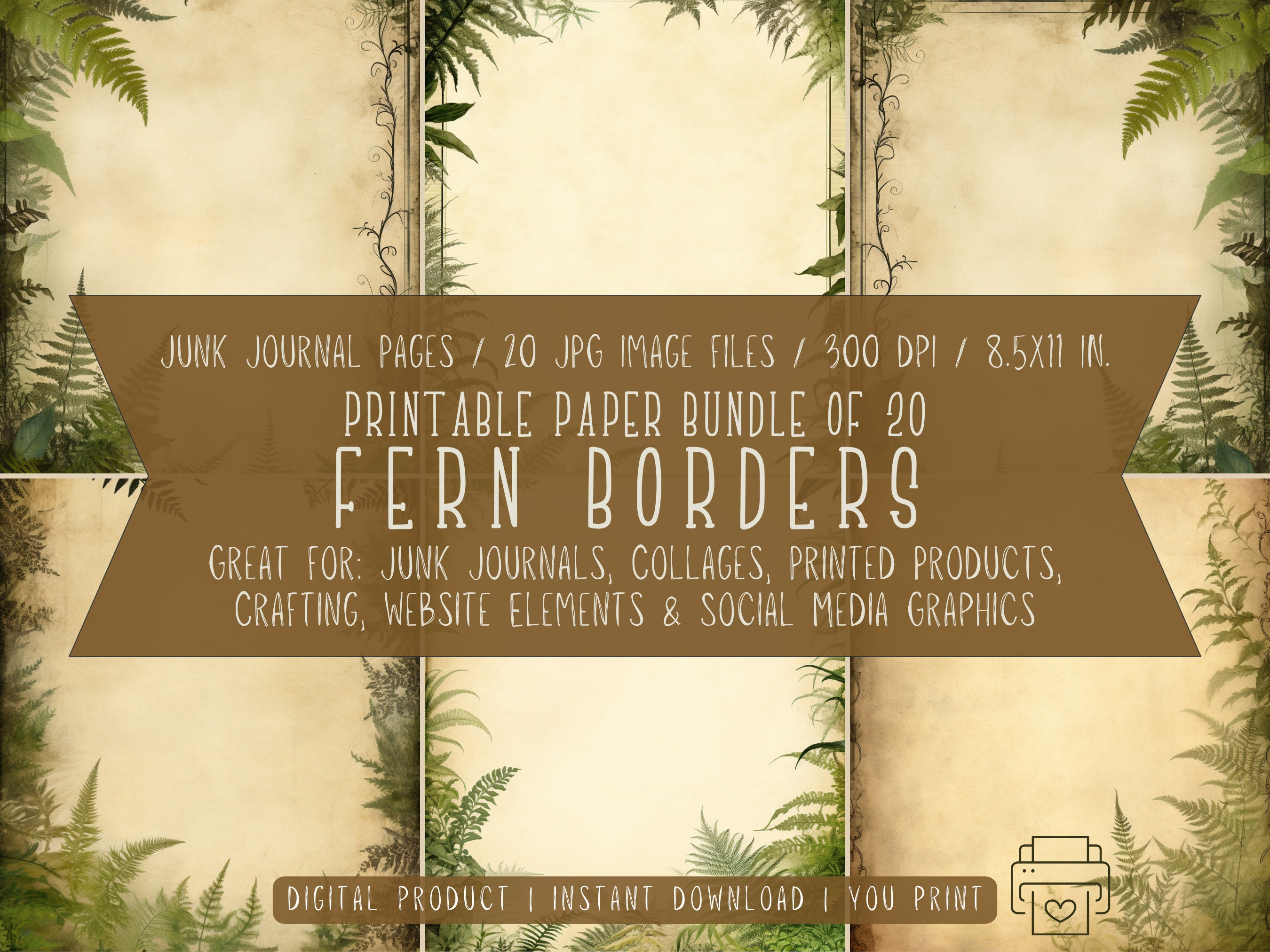 Fern Borders Printable Paper Bundle, Digital Junk Journal Pages 20 Jpgs ...
