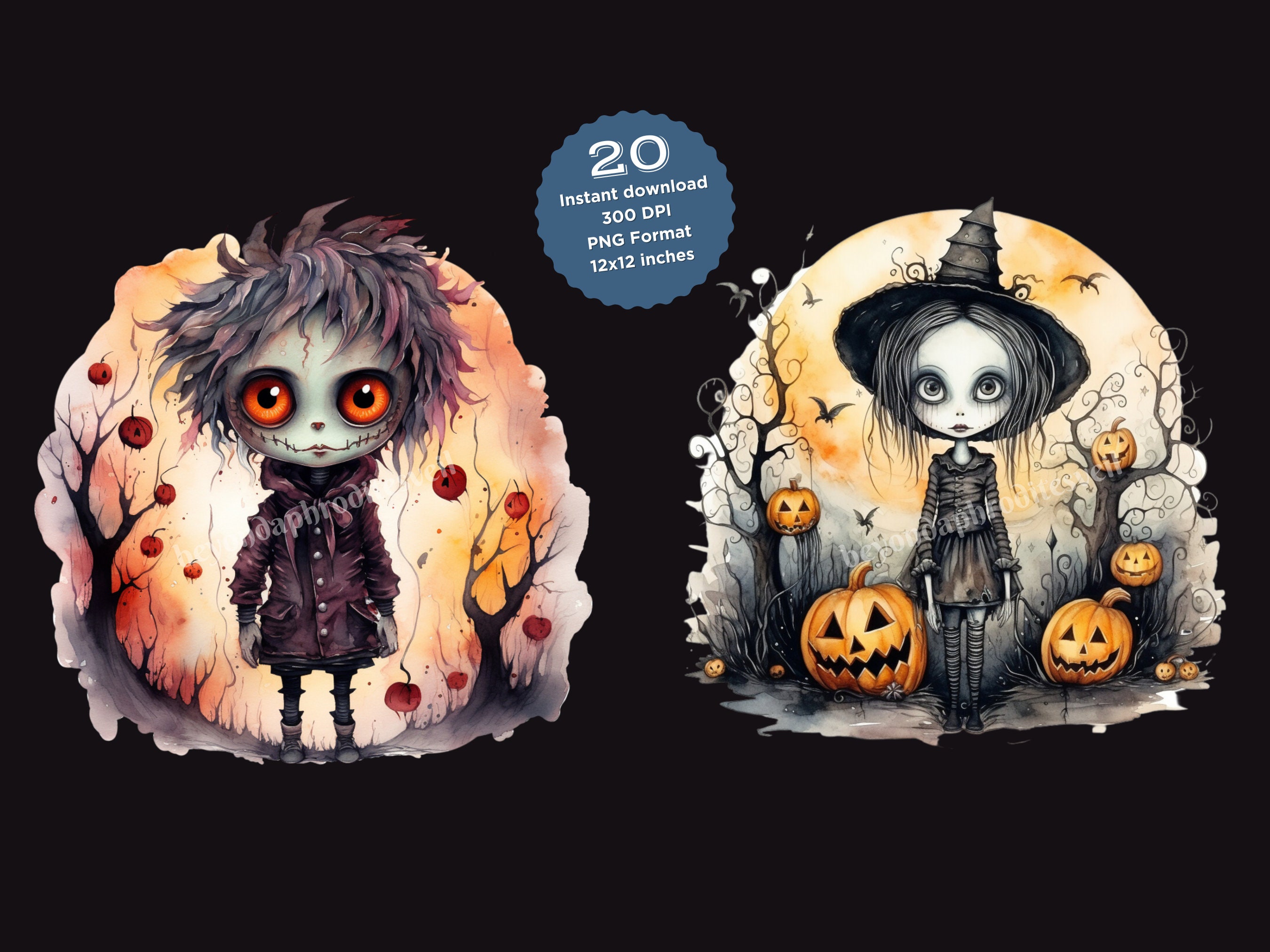 Ghoulish Cuties Clipart Set 20 PNG Files, Halloween Graphics, 300 DPI ...