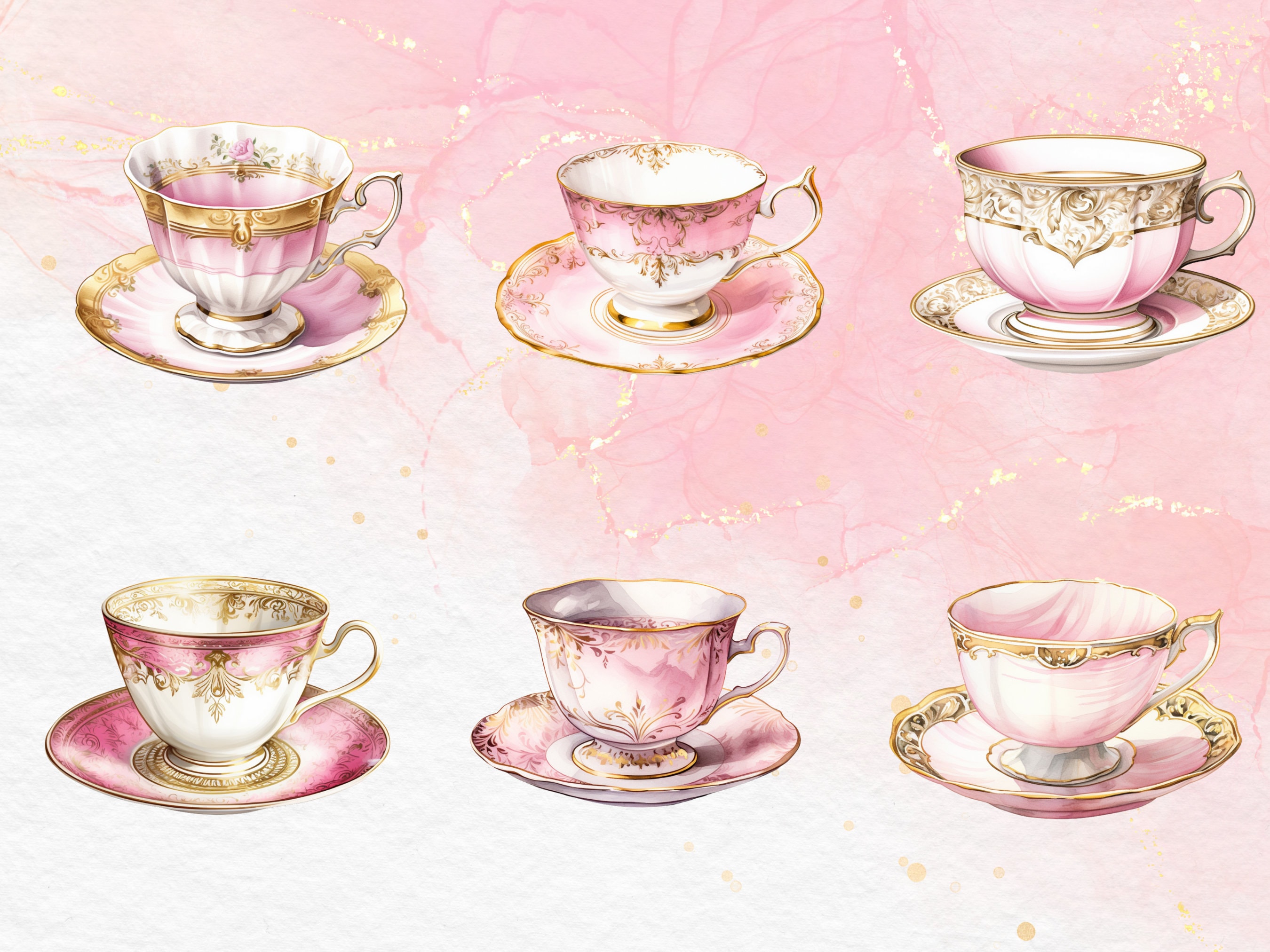 Watercolor Pink & Gold Teacups Clipart 20 PNG Files, 12x12, 300 DPI ...