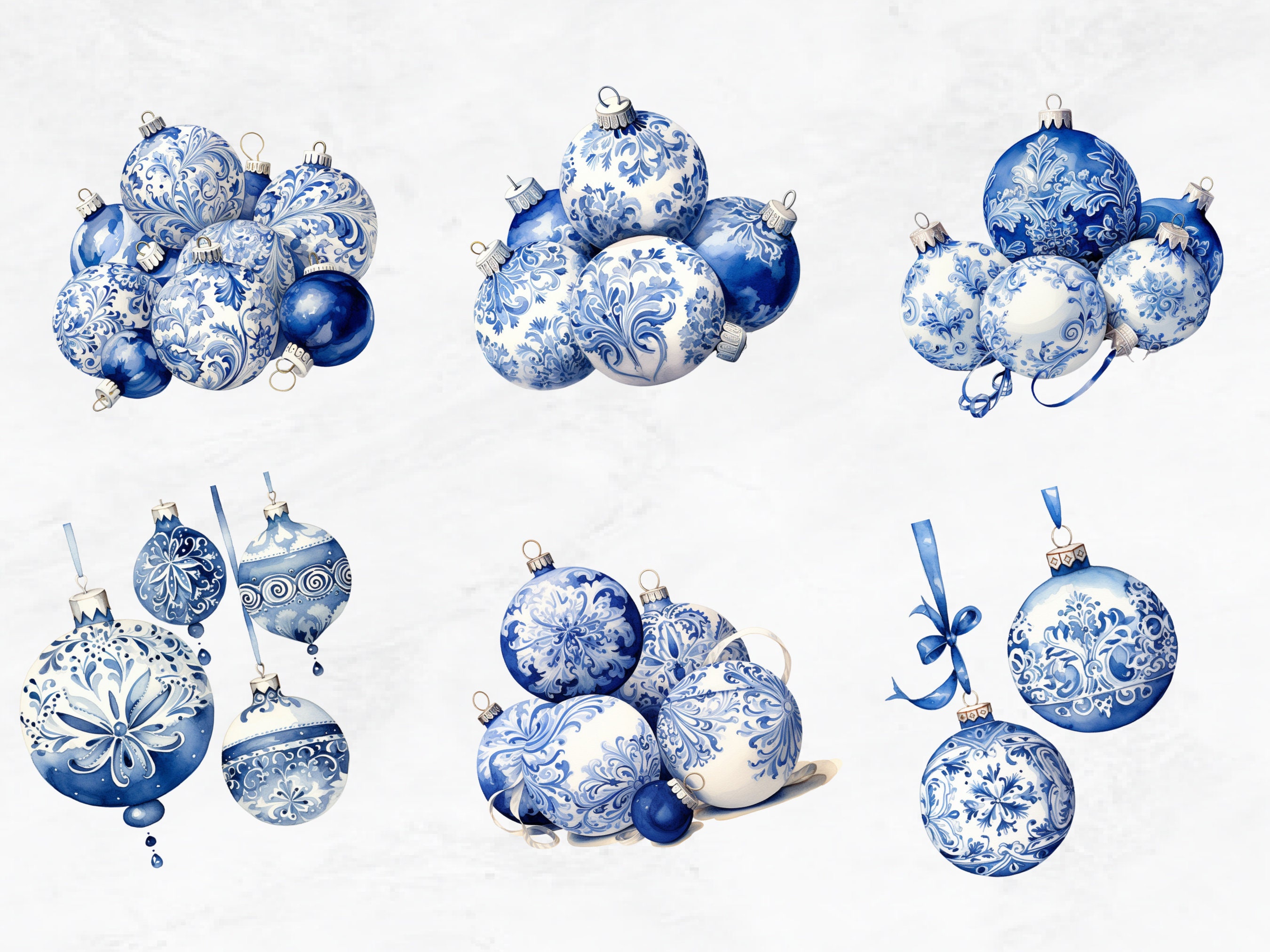 Blue & White Christmas Ornaments Clipart 20 Watercolor Pngs, 12x12, 300 ...